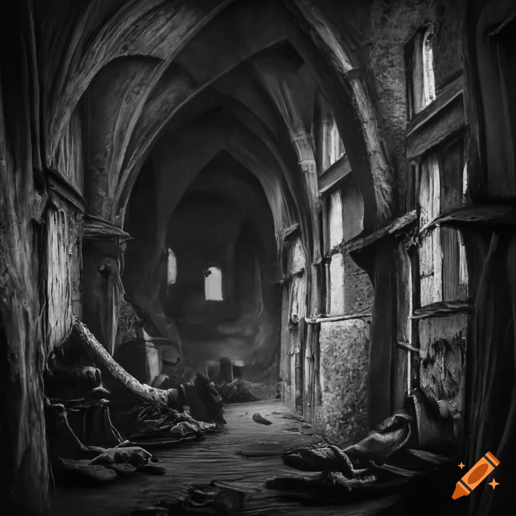 Illustration of 17th century black plague infected village in black and ...