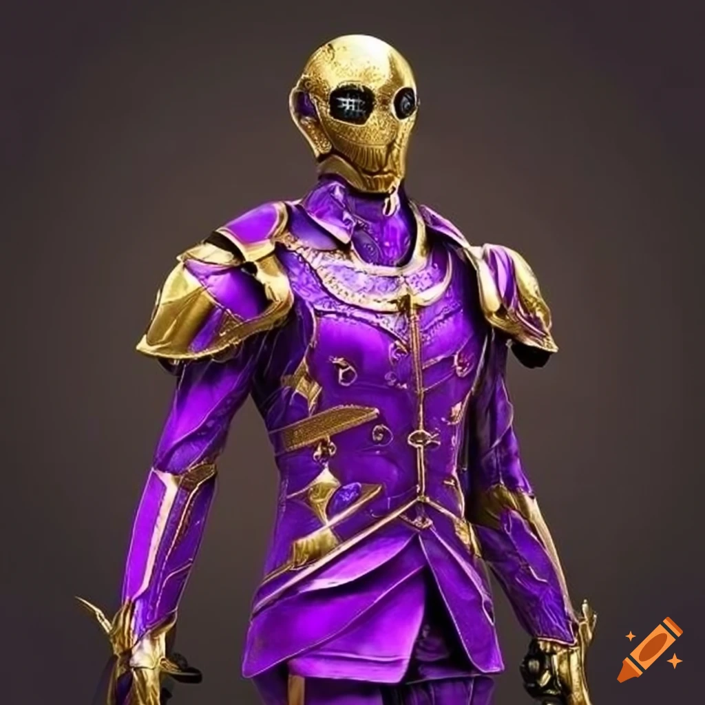 Purple and gold detailed three-piece suit with armored aspects on Craiyon