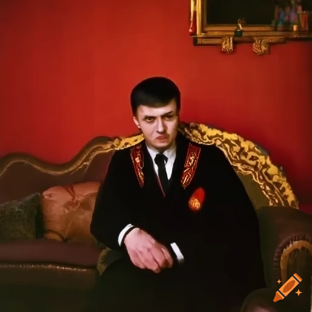 Elegant man in traditional Soviet winter attire in a cozy Moscow living ...