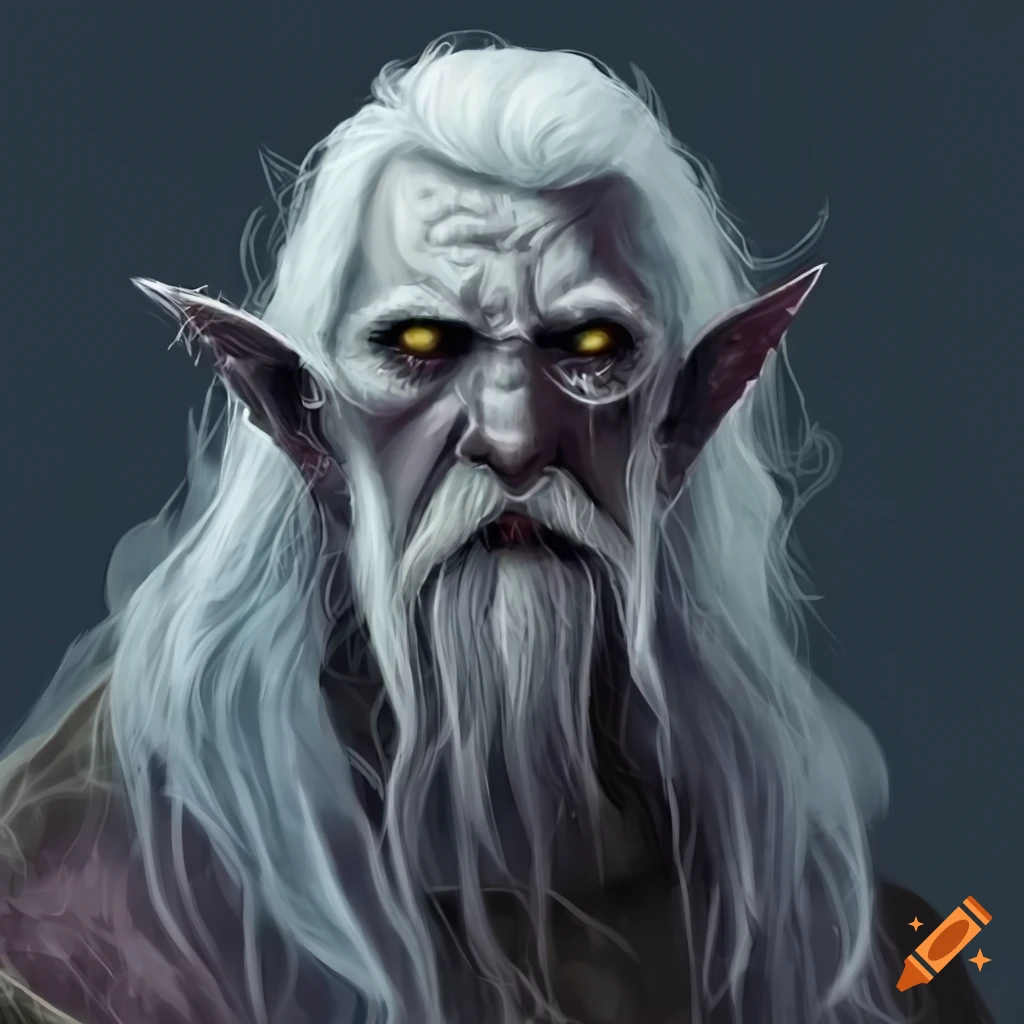 Wise old dark elf with long white beard on Craiyon