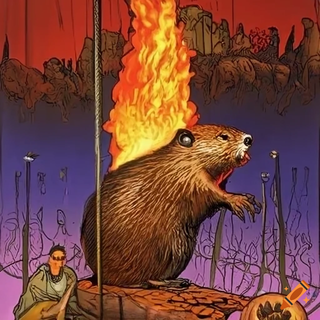 Fire-breathing beaver made of flames in a surrealist sci-fi style on ...
