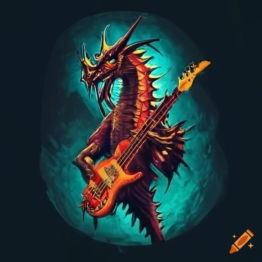 Fantasy rock band logo with a dragon bassist, guitarists, and female ...
