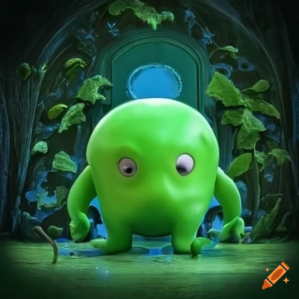 Smiling green blob holding key to enchanted door on Craiyon