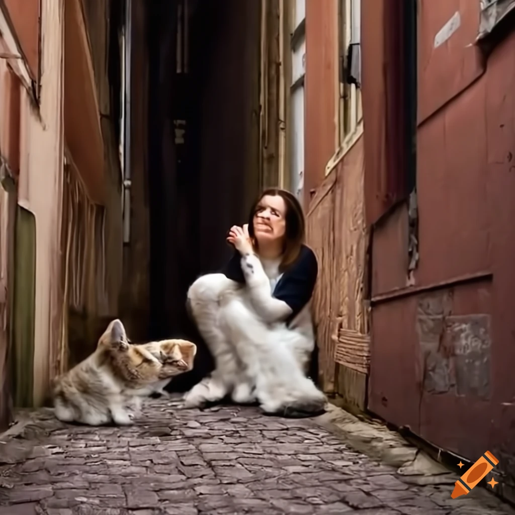 Woman surrounded by cats in a cozy alleyway on Craiyon