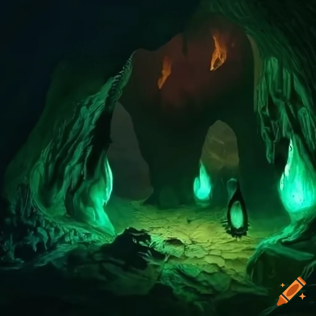View of a deep and mysterious alien cave with glowing mushrooms and ...