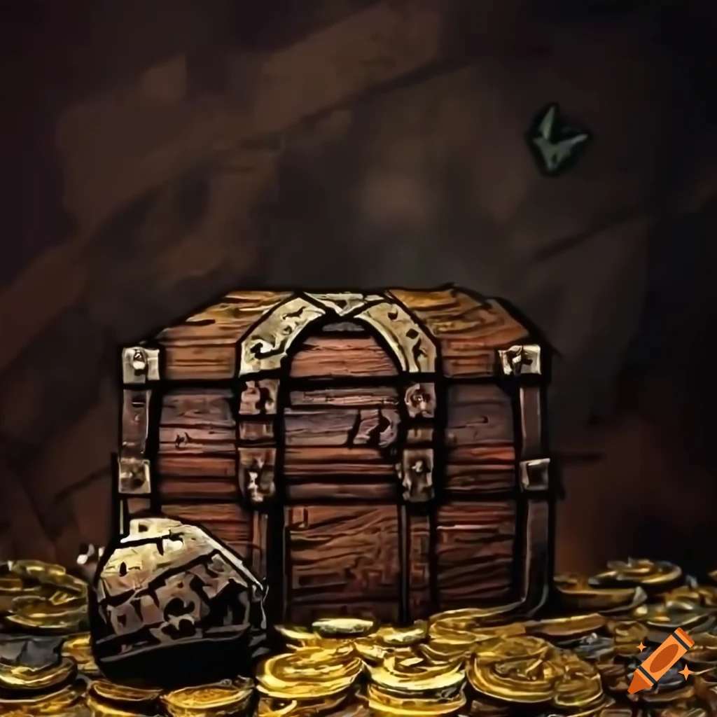 Treasure pirate loot chest with artifacts and relics in a lair on a ...