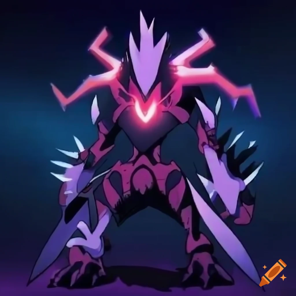 Demonic knight-like armored Pokemon in battle mode under the moon on ...