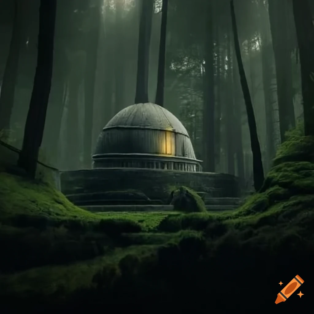 Circular fortress with a dome in a dark forest setting on Craiyon