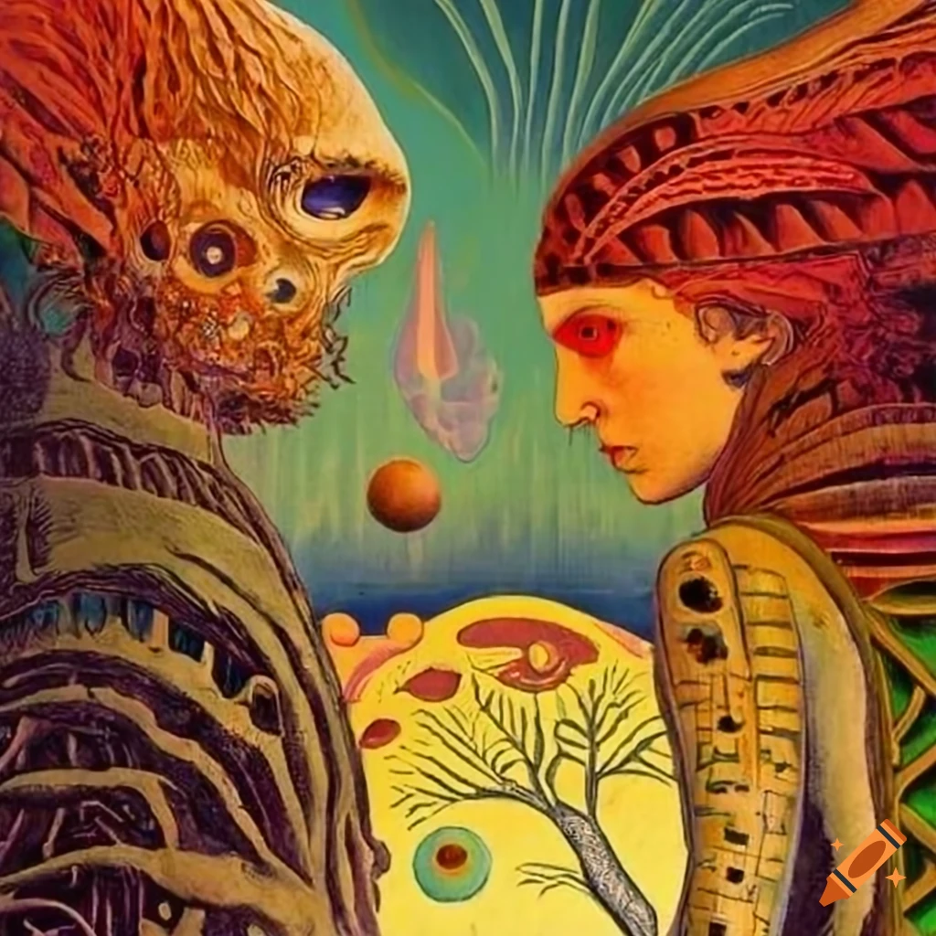 Art nouveau expressionism of droid beings in vast mathematical and ...