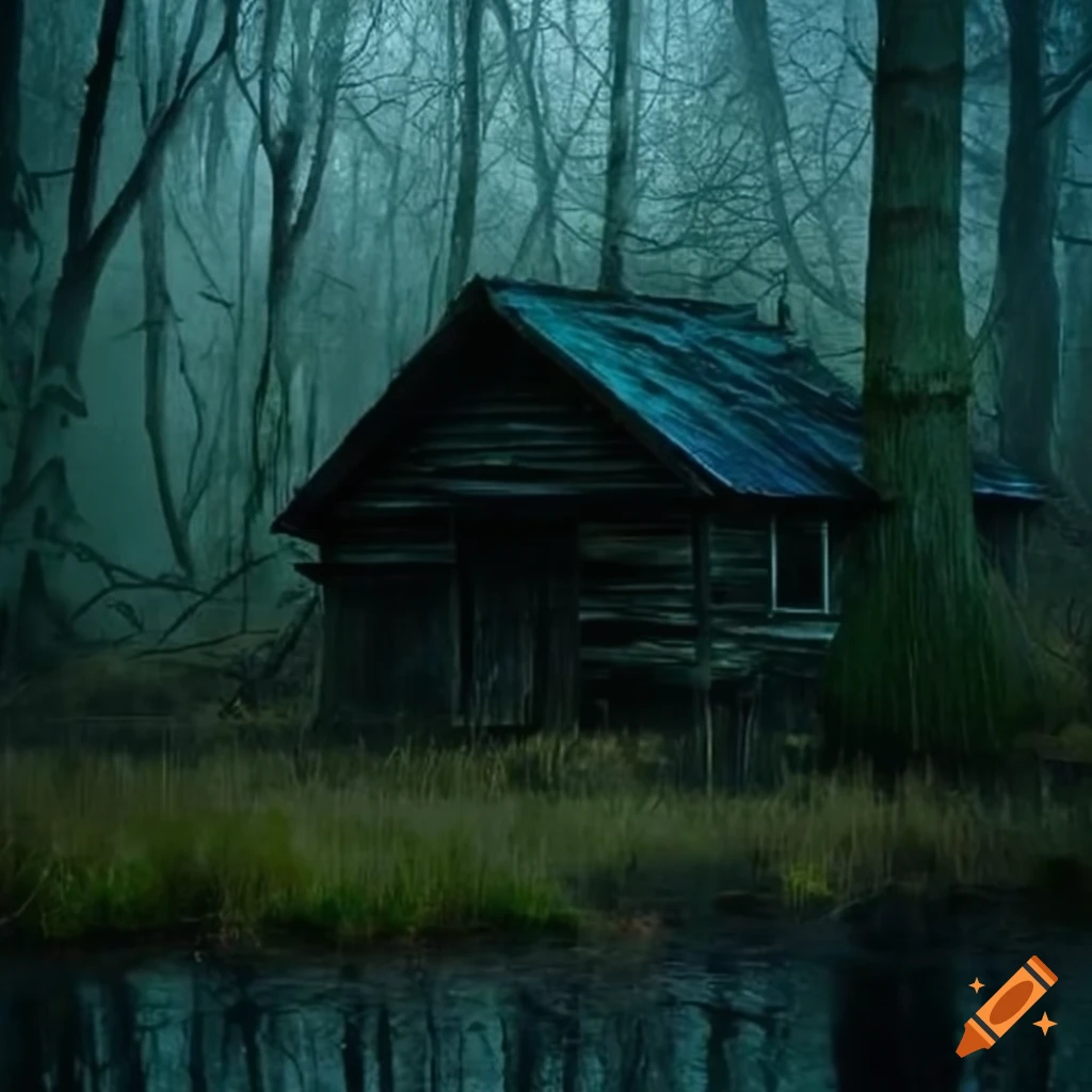 Old wooden cottage in a dark swamp on Craiyon