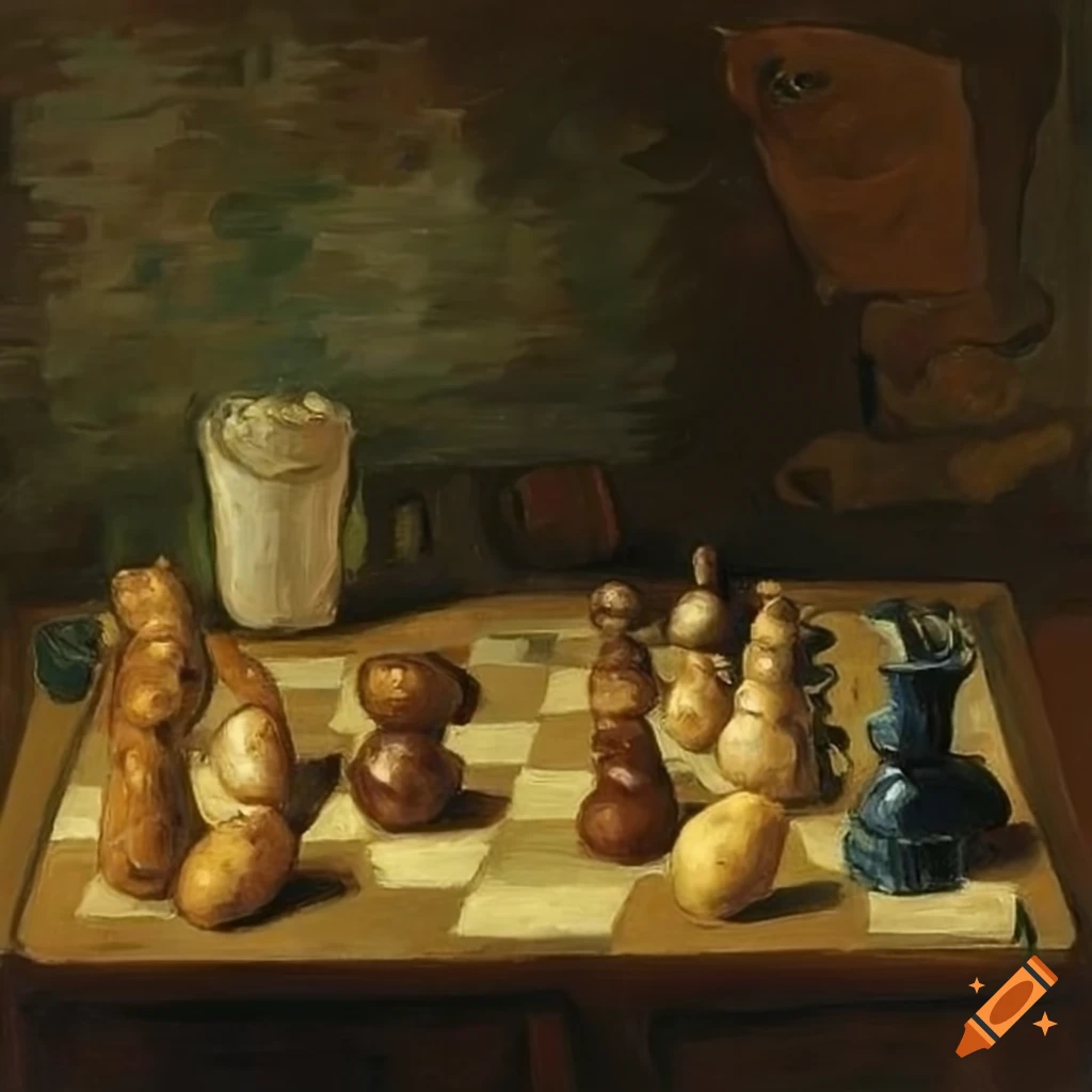 Van gogh's painting of a chess game with unique potato and fish figures ...