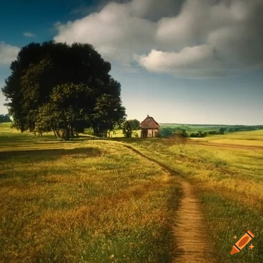 Detailed vintage drawing of a peaceful countryside field on Craiyon