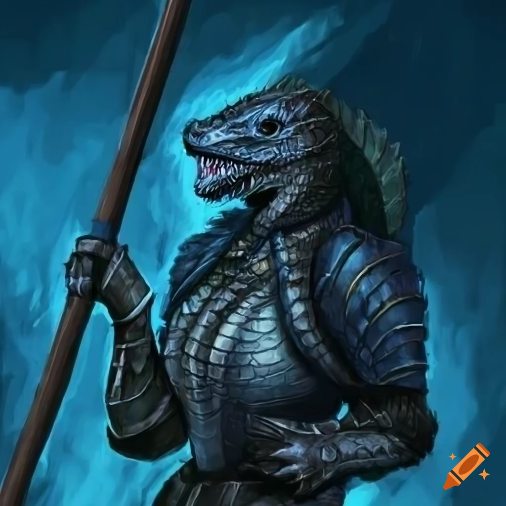 Blue-scaled female reptile dragonborn knight in traditional armor ...