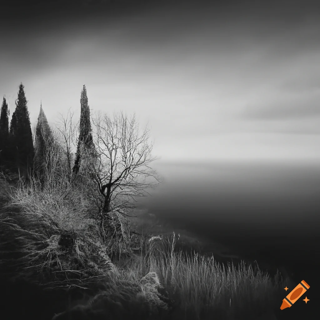 Hauntingly beautiful desolate landscape in black and white on Craiyon