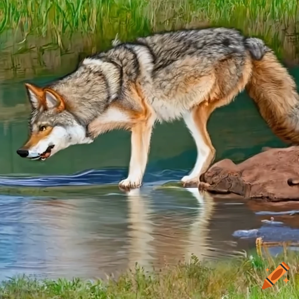Wolf drinking from river next to lamb drawing on Craiyon