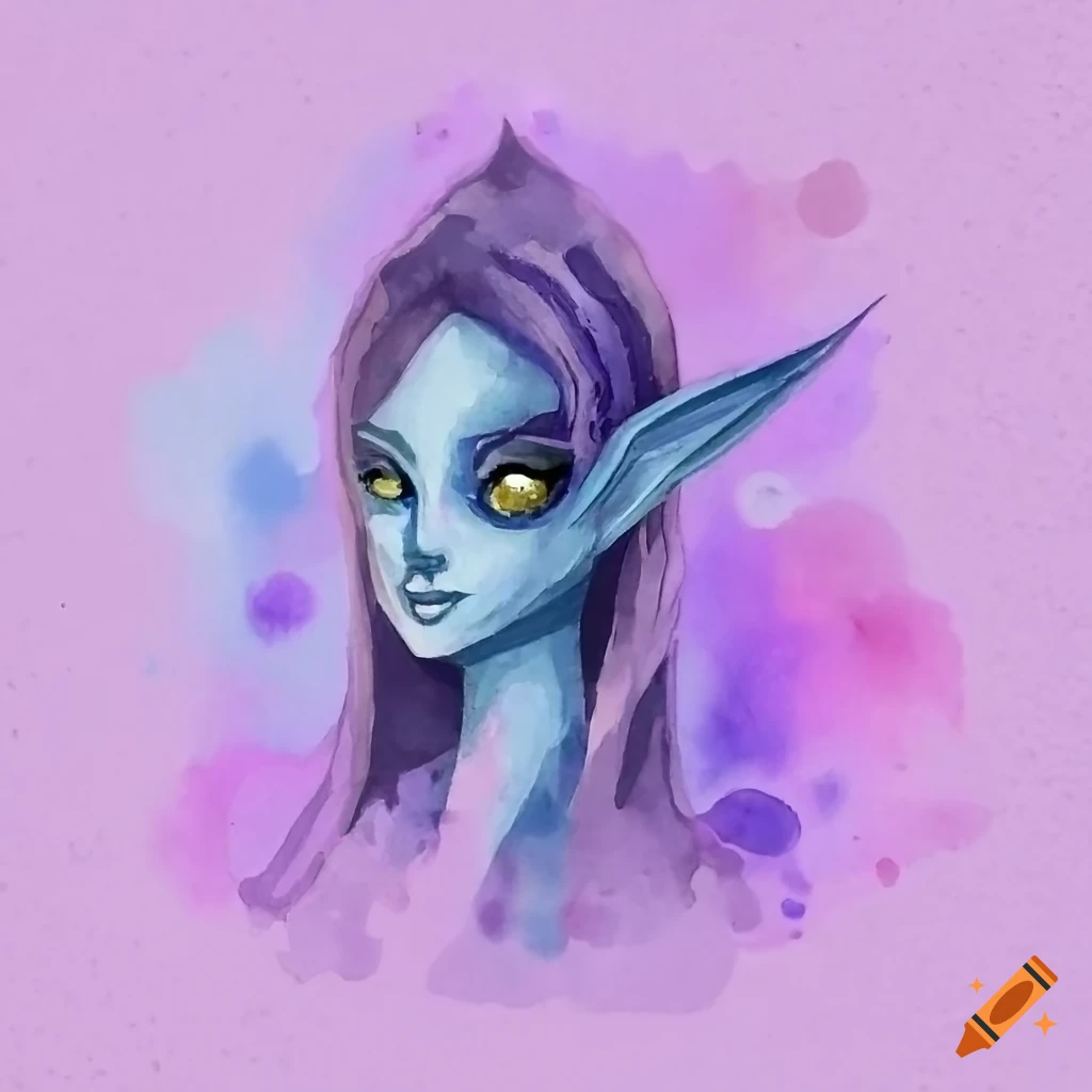Detailed depiction of an elf-like alien with lavender, pink, and blue ...