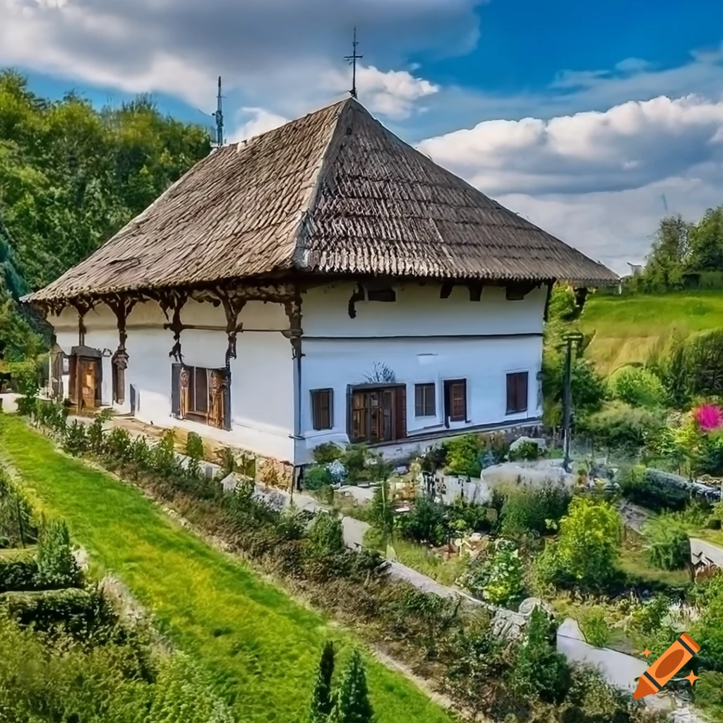 Intricate and vibrant artwork of a decorated romanian rural house and ...