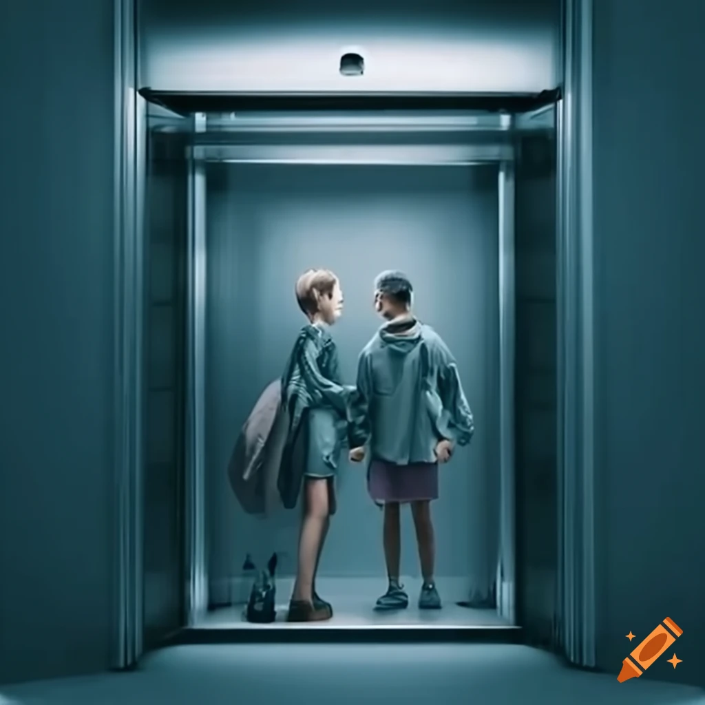 Two people standing close together in an elevator on Craiyon