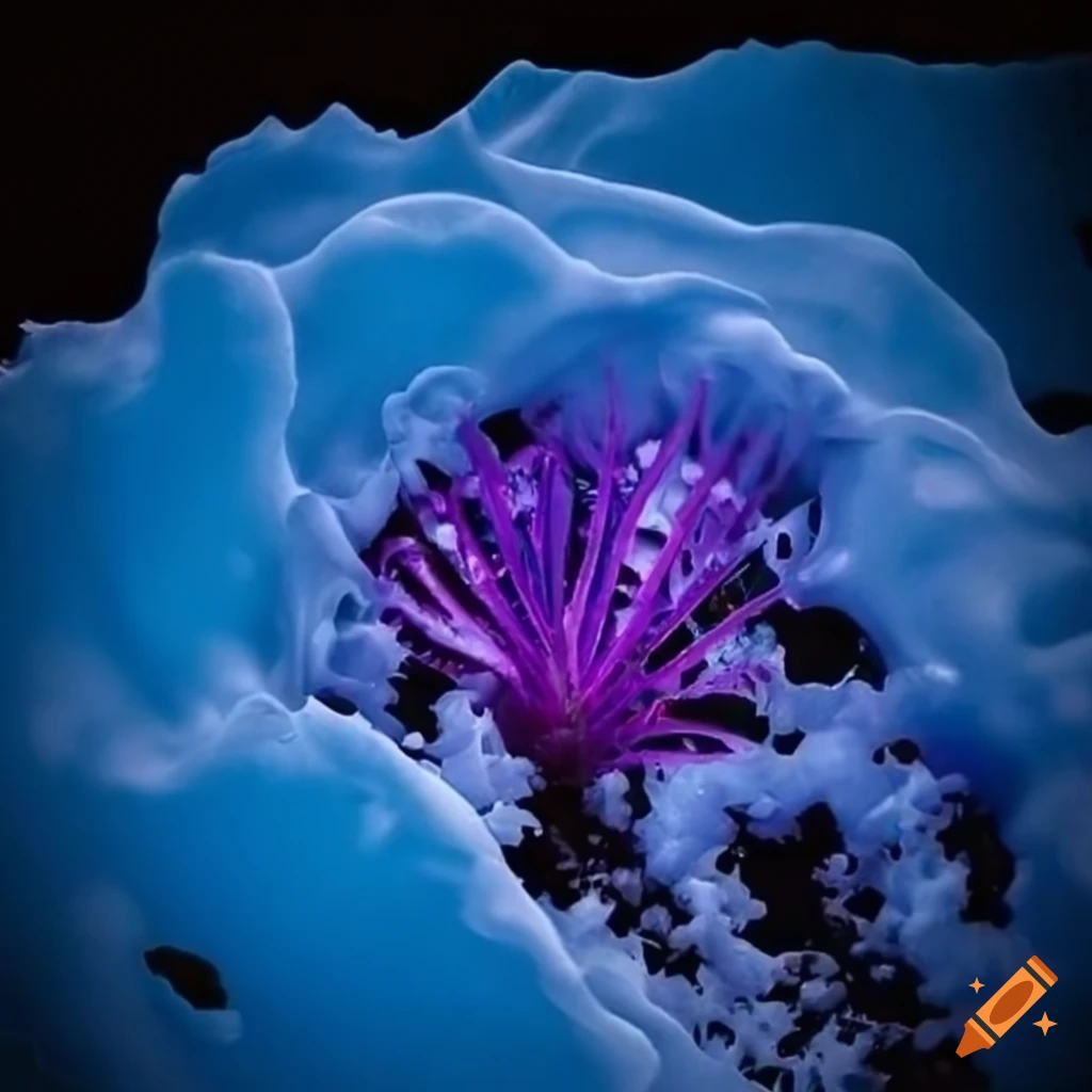 Blue-purple alien plant near ice and snow on Craiyon