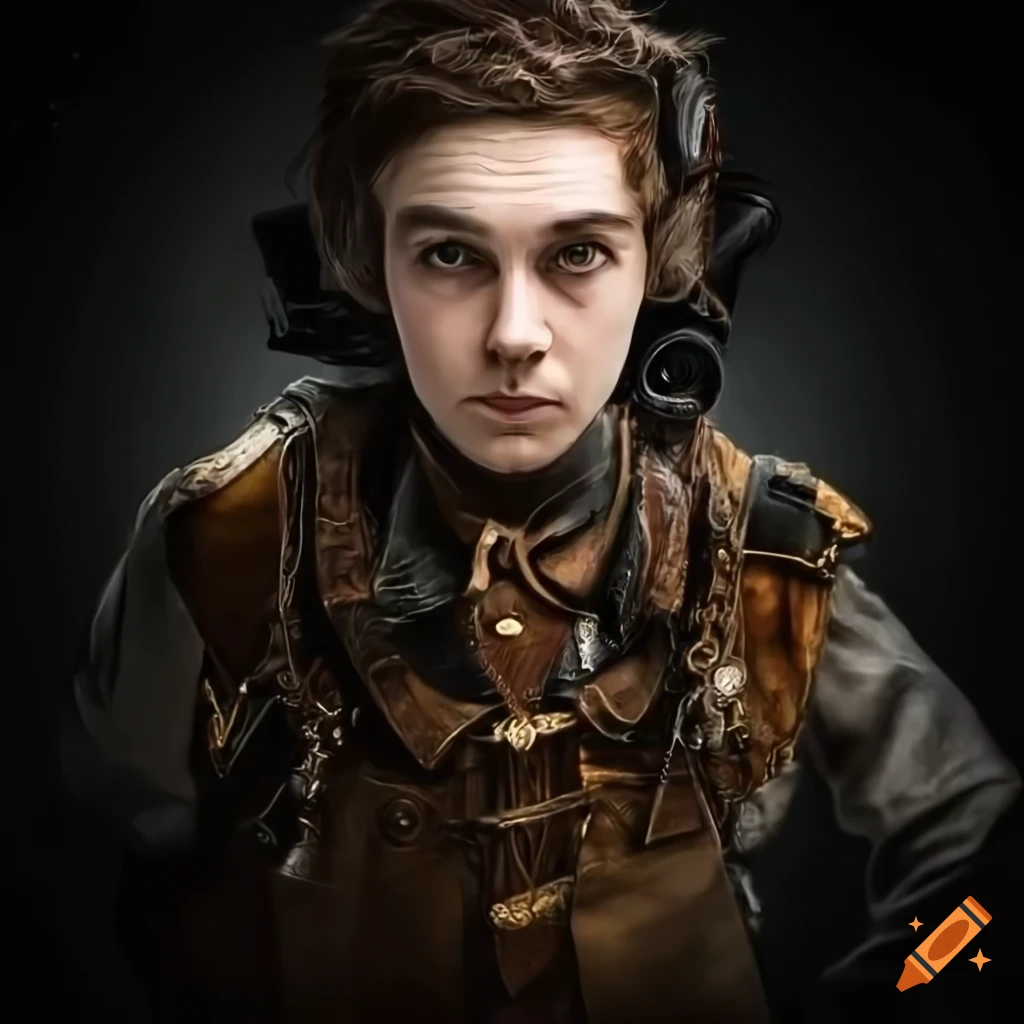 Portrait of a 20-year-old male steampunk pilot on Craiyon