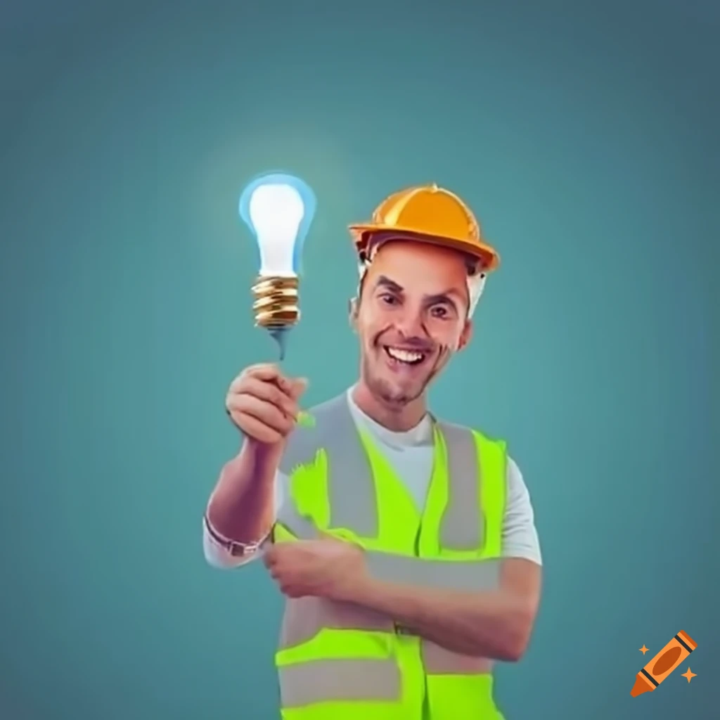 Happy engineer holding a glowing light bulb on Craiyon