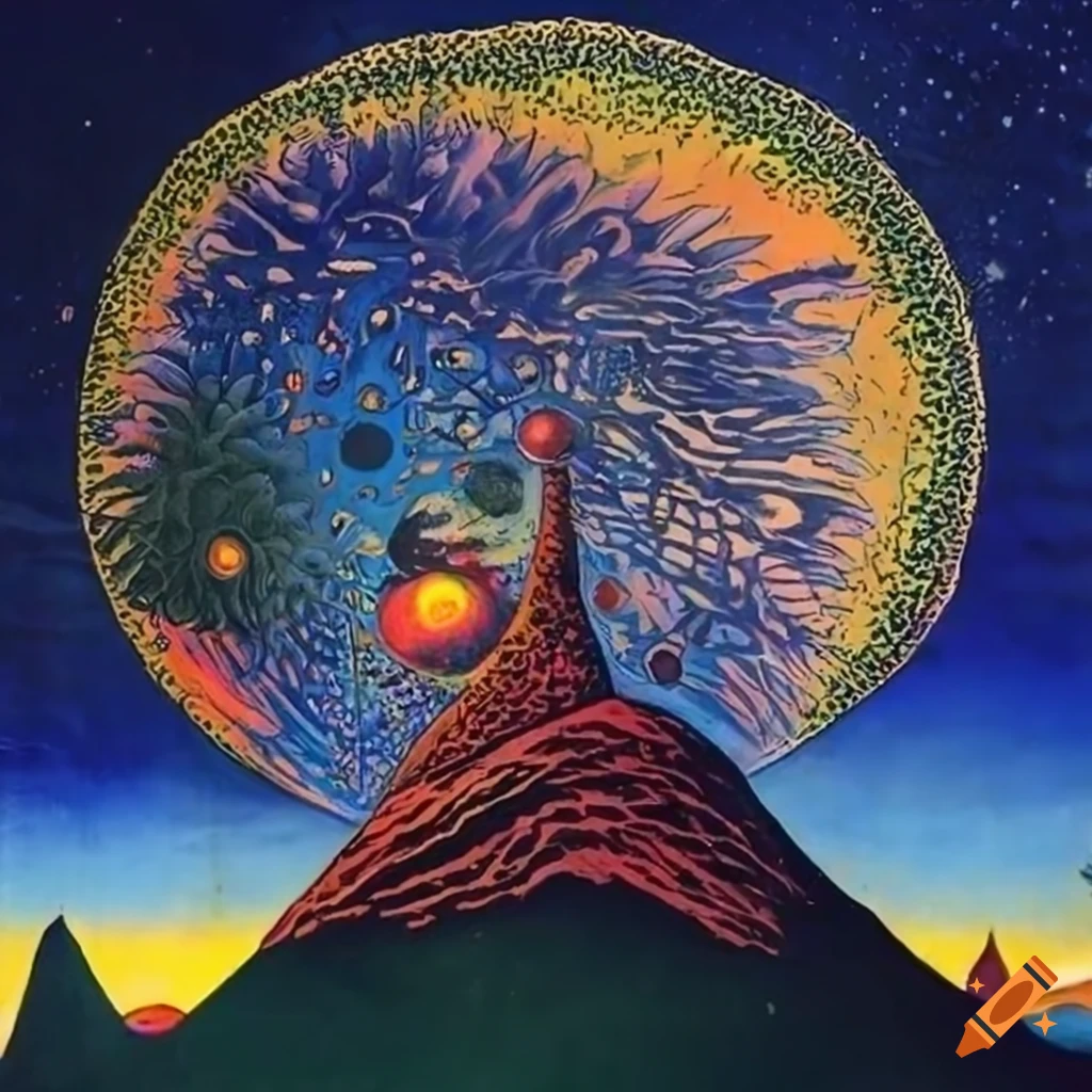 Acid mountain landscape with hawks in a surrealistic science fiction ...