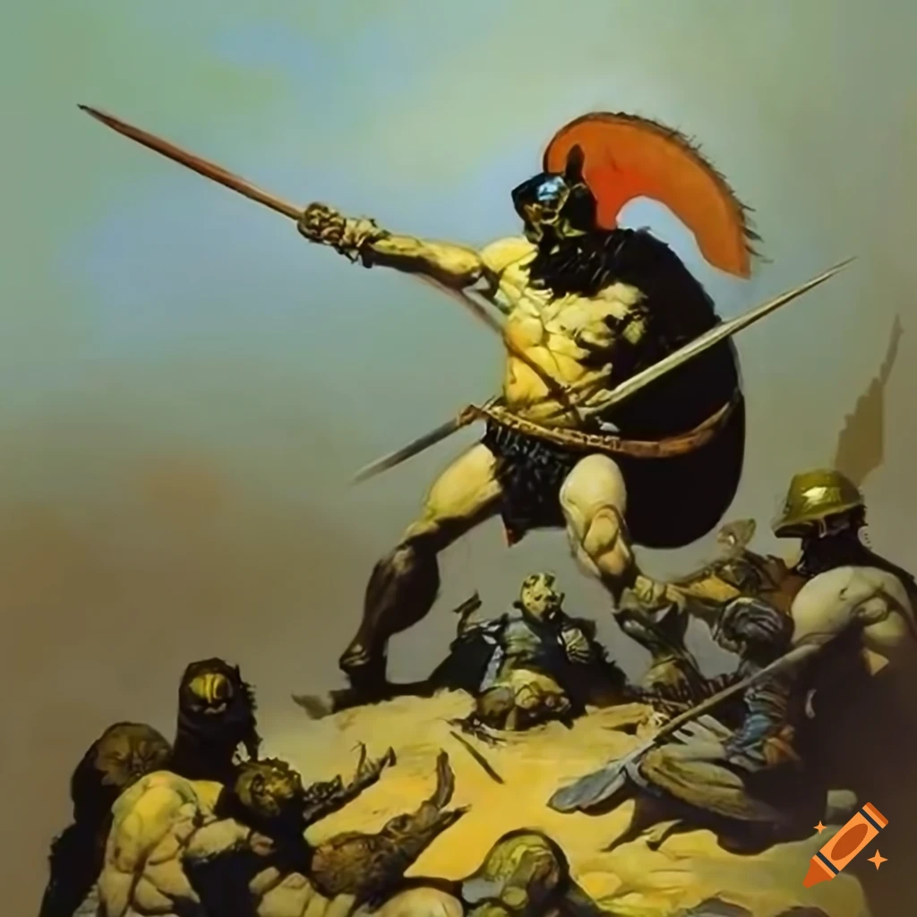 Ancient Greek warriors in a heroic battle scene inspired by Frazetta on ...