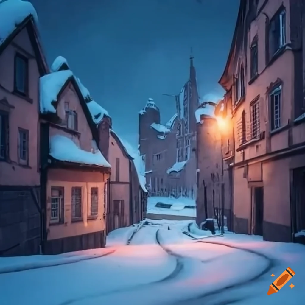 Medieval town with cobbled streets in snowy winter setting on Craiyon