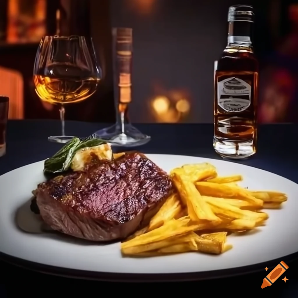 Exquisite dining scene with red steak, chips, peppercorn sauce, and whisky on Craiyon