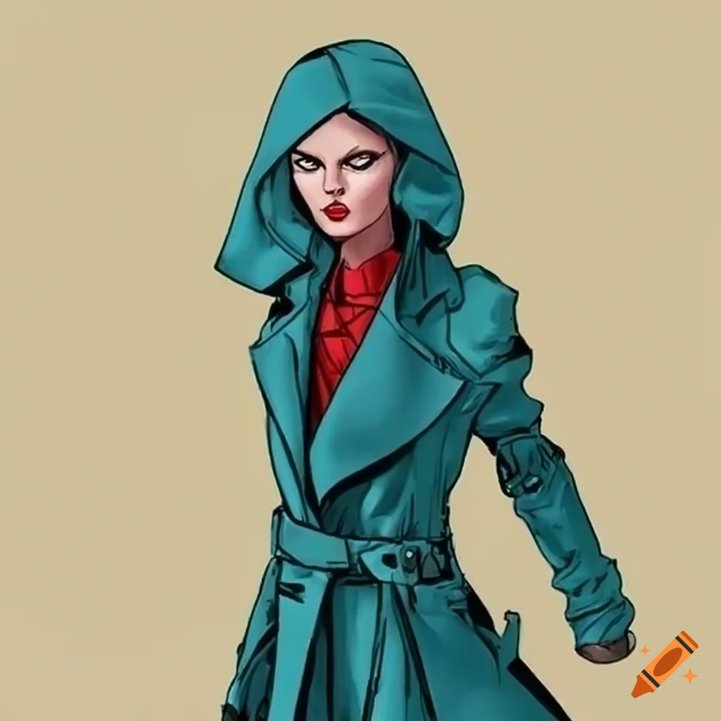 Woman in a trench coat with a comic-book style on Craiyon