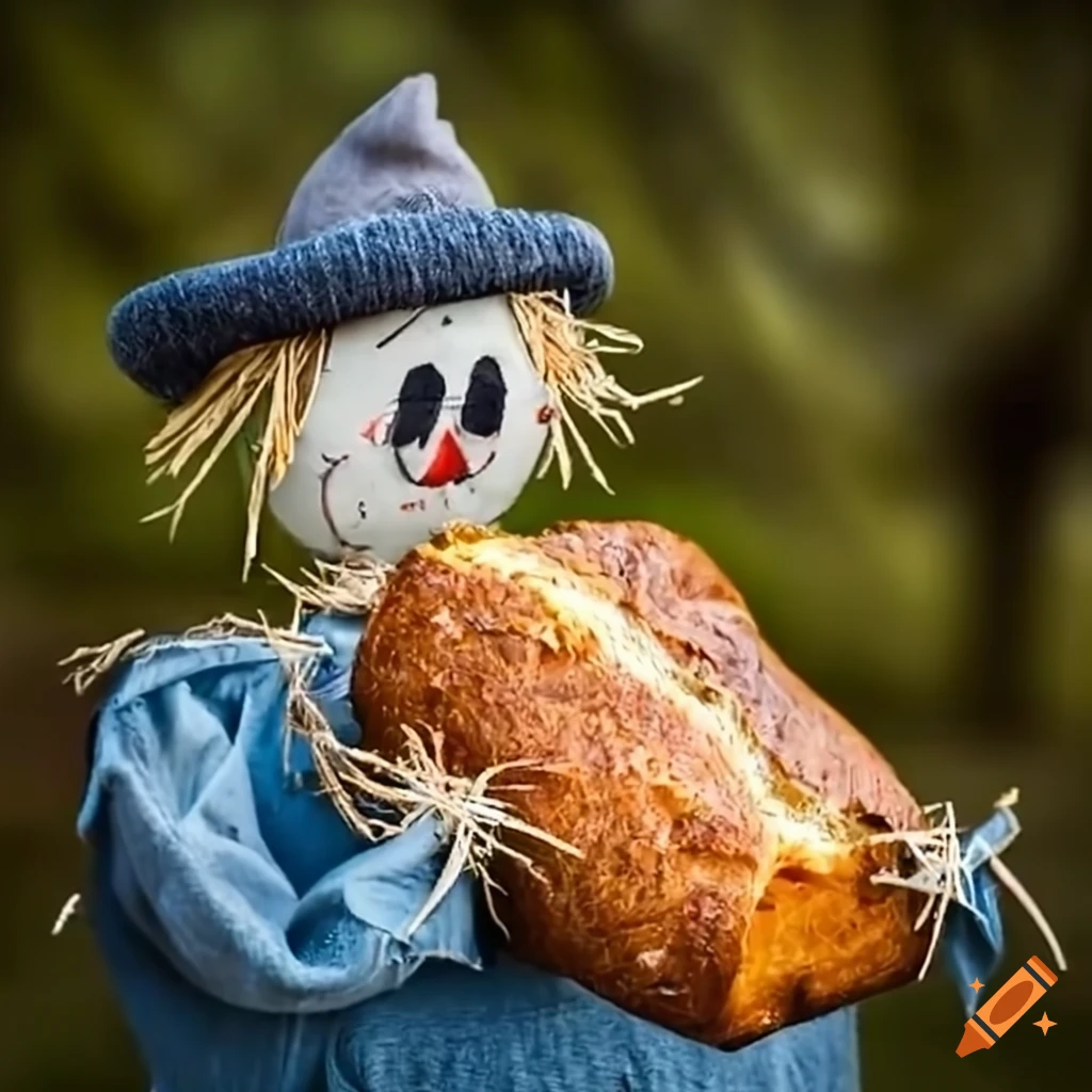 Cute scarecrow enjoying a raisin loaf at a parking lot on Craiyon