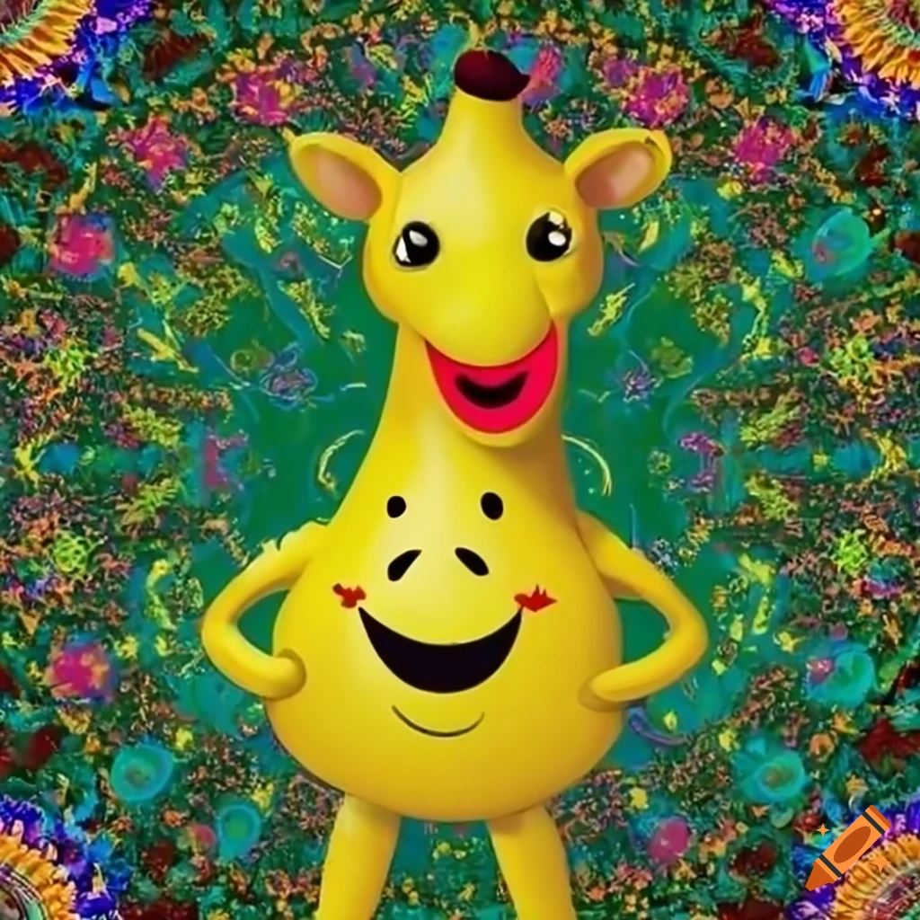 Playful yellow giraffe in a vibrant psychedelic setting on Craiyon