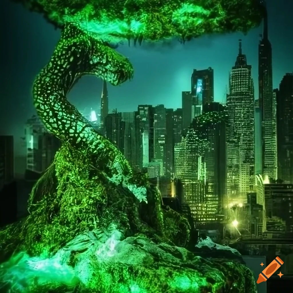 Glowing biopunk cityscape with plants, mushrooms, and mythical ...