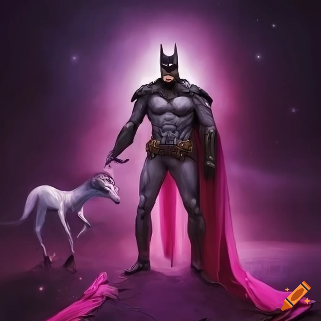 Batman with a magical pink cape and a unicorn in a fantasy artwork on Craiyon