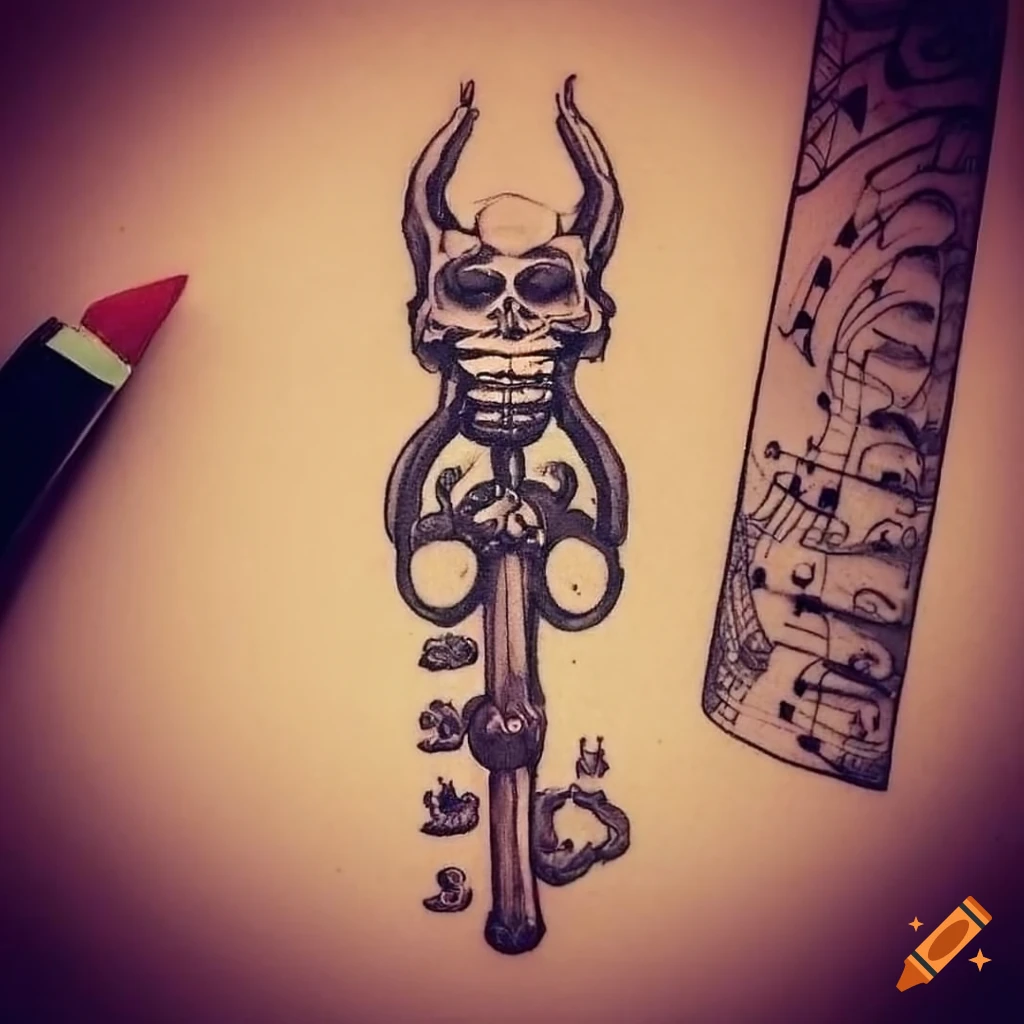 Arm tattoo sketch of a demon skeleton music key design on Craiyon