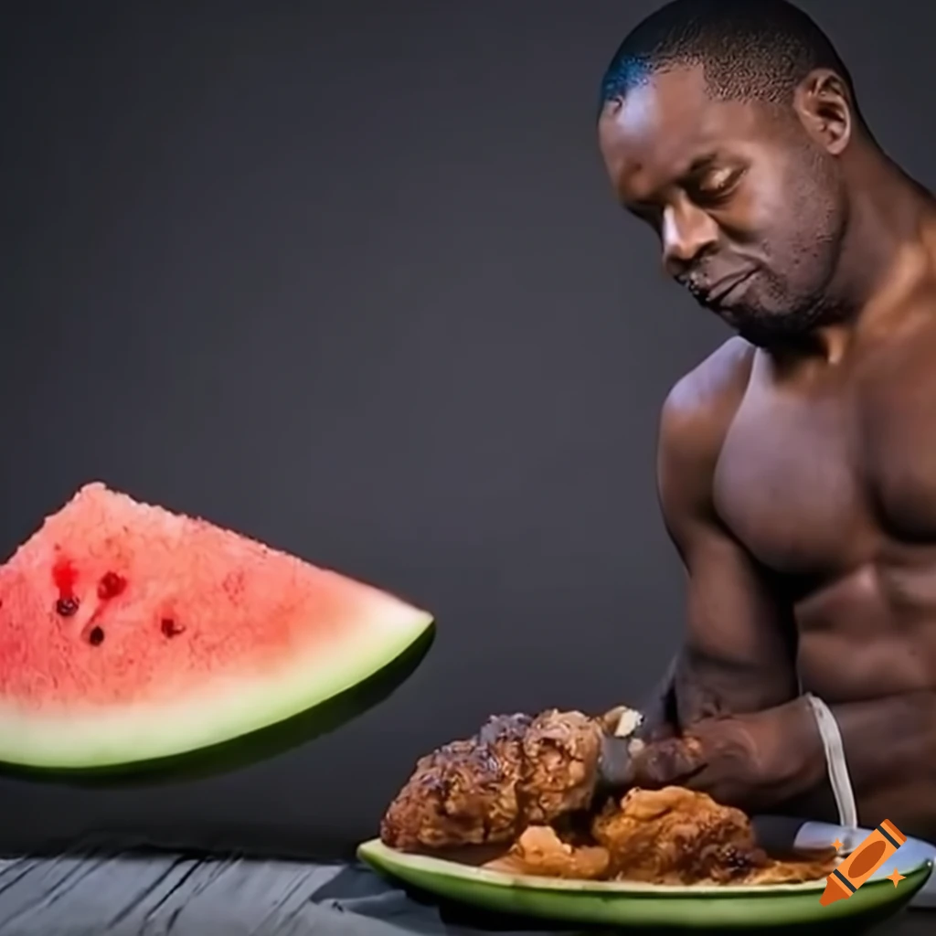 Man enjoying fried chicken with watermelon slices on Craiyon