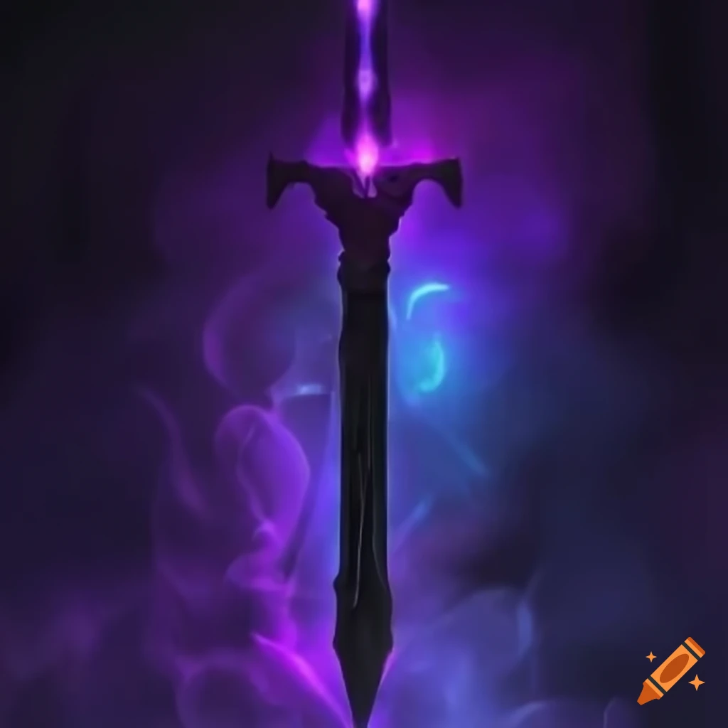 Matte black long sword with glowing dark purple runes and a faint black ...
