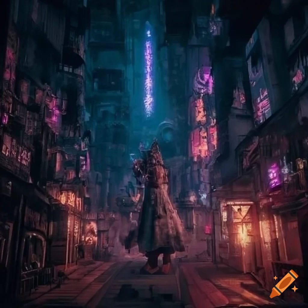 Witchy gothic cyberpunk city with Alice in Wonderland and Elden Ring influences on Craiyon