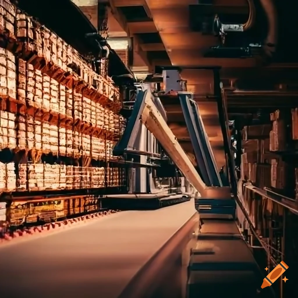 Industrial machinery with conveyor belt moving gutters in a warehouse ...