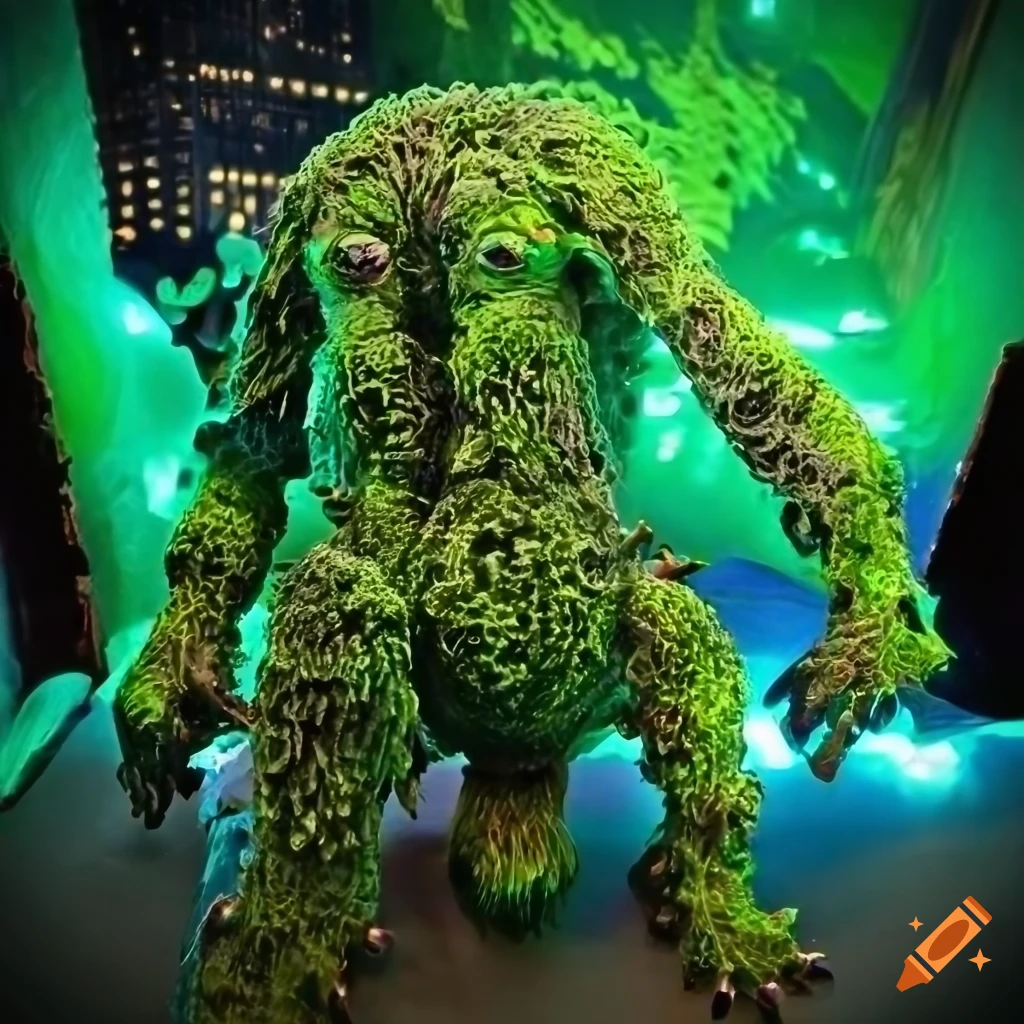 Glowing biopunk cityscape with green moss, plants, mushrooms, and ...