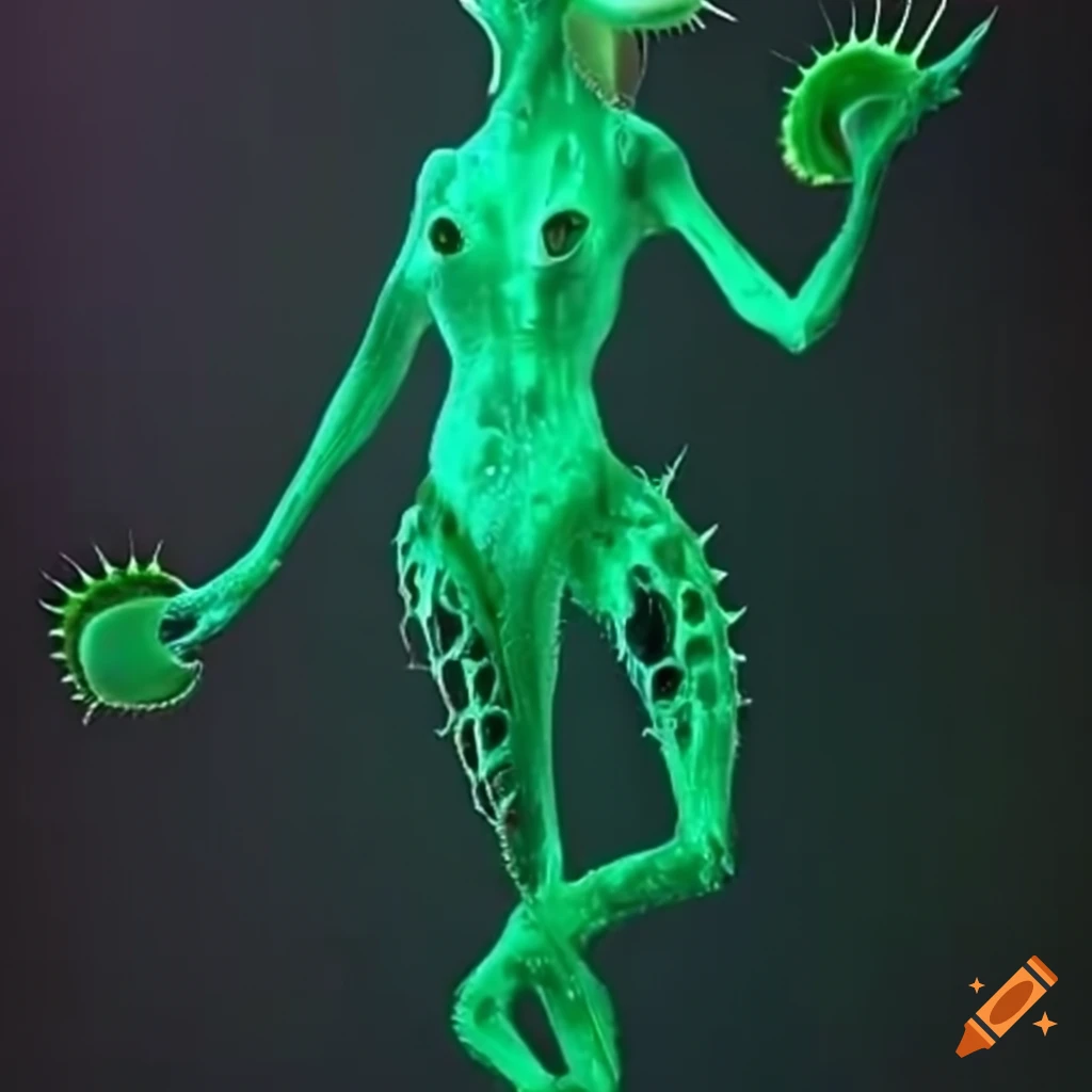 Glowing biopunk humanoid venus flytrap monster on Craiyon