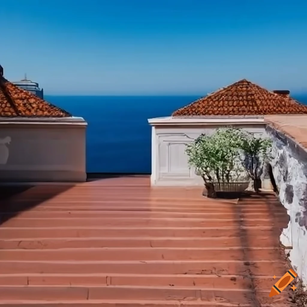 Luxury terrace with terracotta tiles overlooking the sea on Craiyon