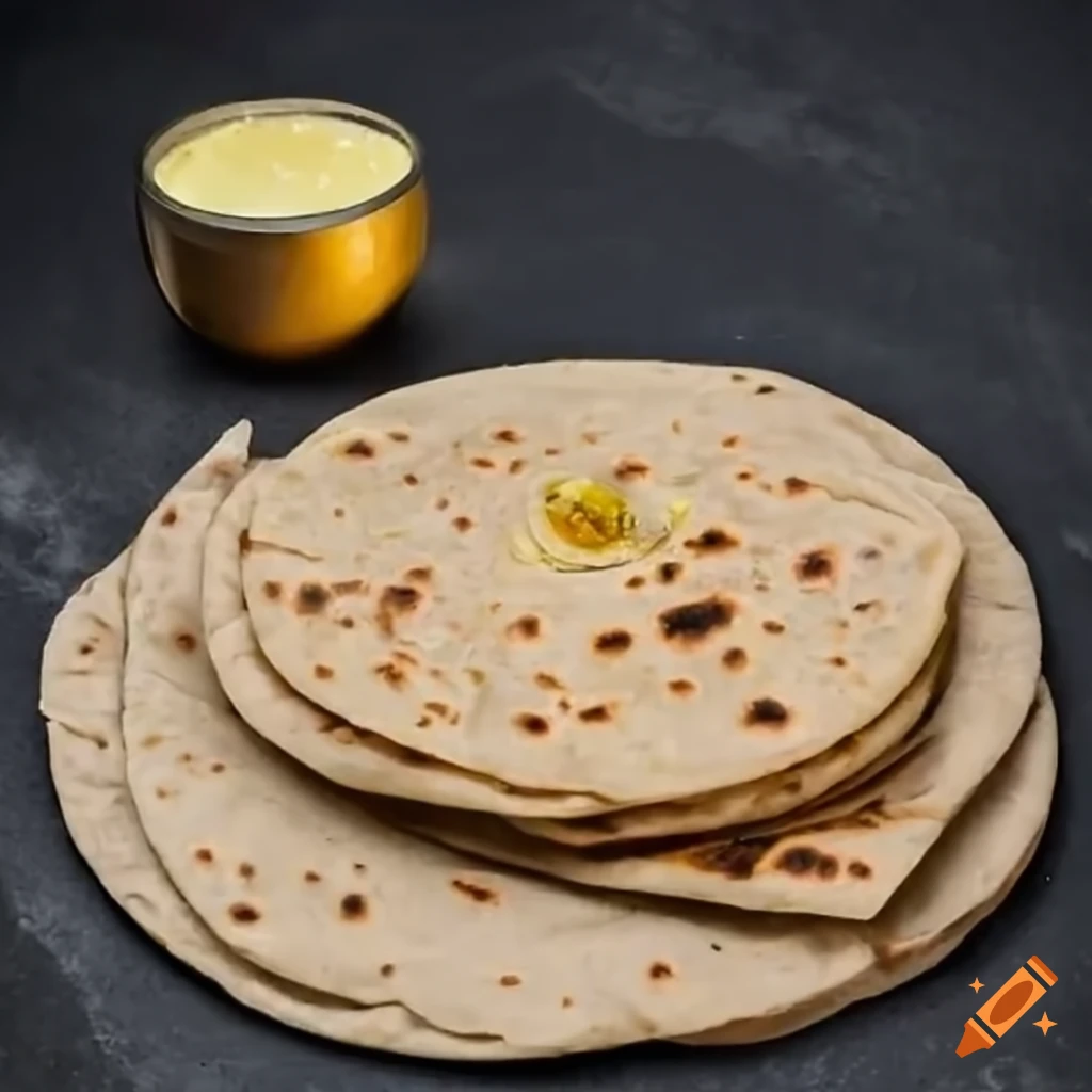 Authentic indian roti round shaped flatbread with melted butter on Craiyon