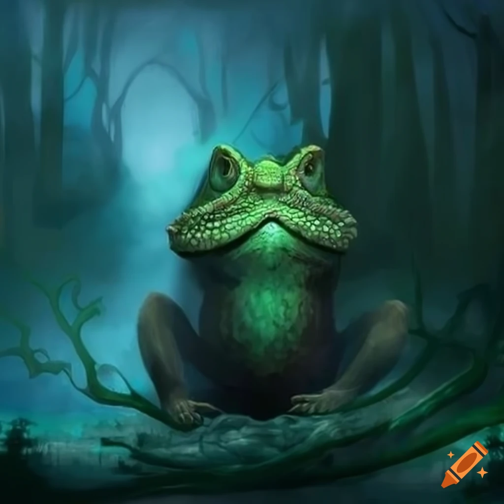 Magical anthropomorphic chameleon casting ice and swamp fog spell in ...