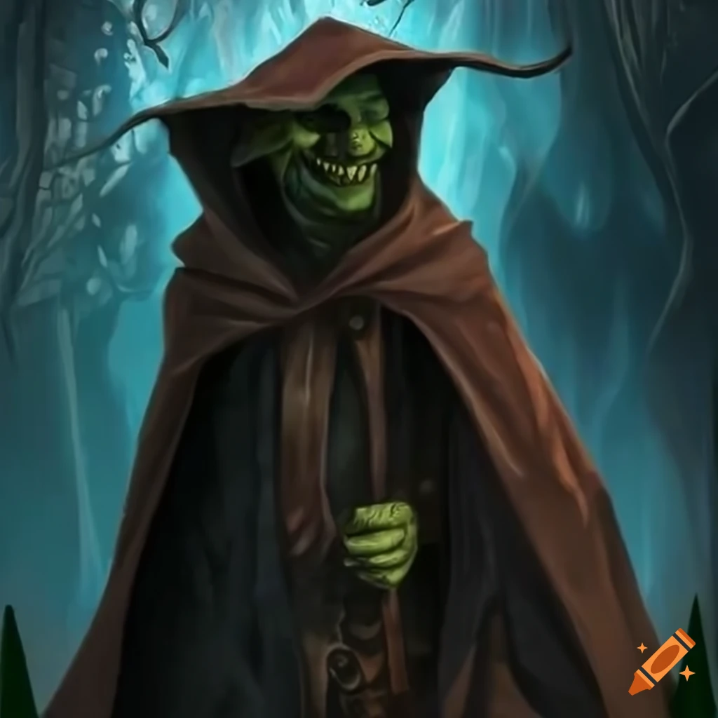 Very tall goblin wizard in a cloak on Craiyon