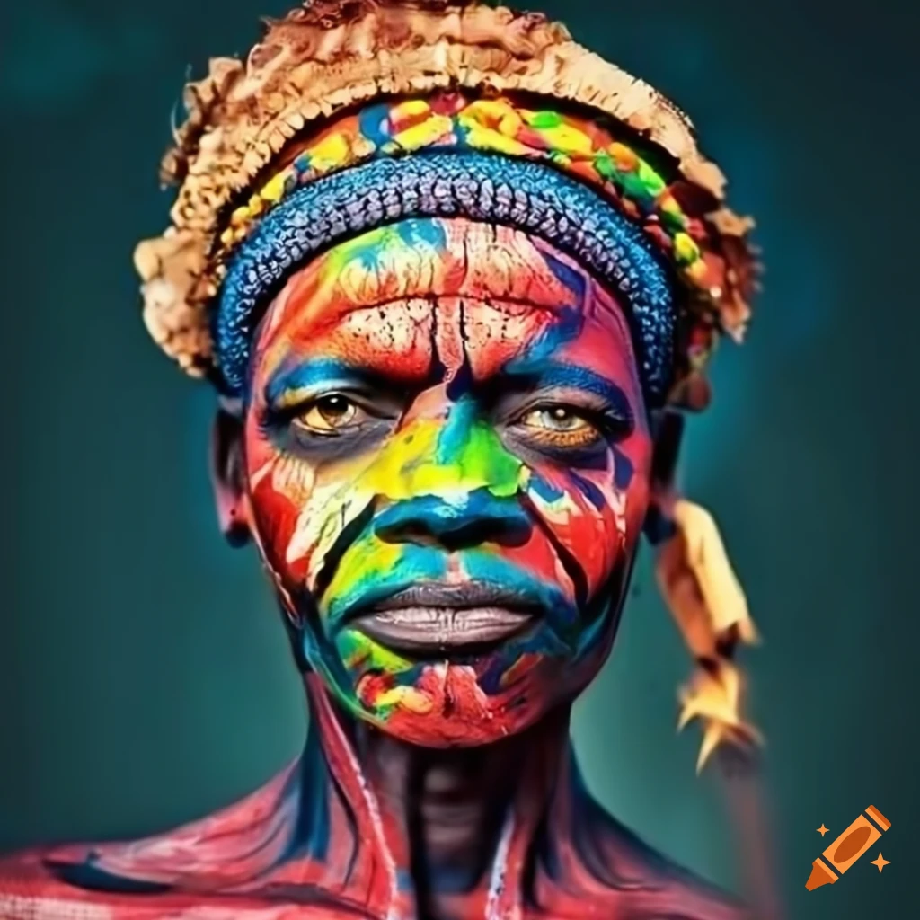 Portrait of a wise African tribal leader adorned with colorful body ...