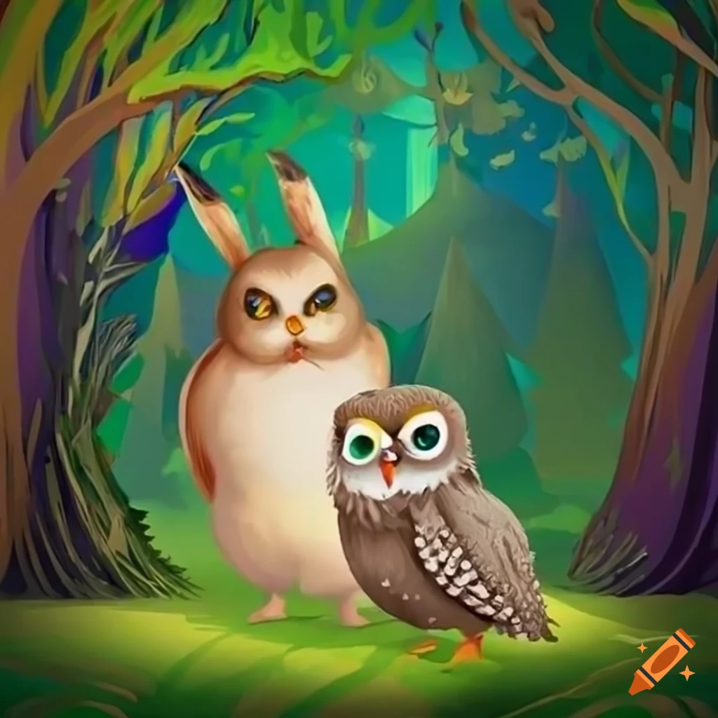 Playful bunny and owl in a vibrant forest setting on Craiyon