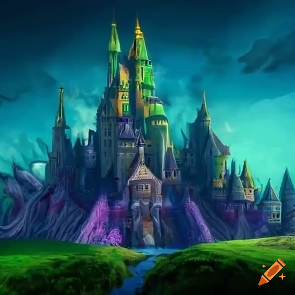 Colorful alien world with big castles and unique alienic trees on Craiyon