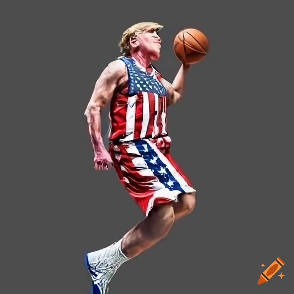 Donald trump slam dunking in american flag basketball jersey in a comic ...