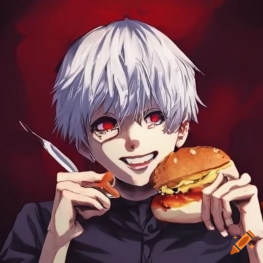 Ken kaneki eating a fried fish burger on Craiyon